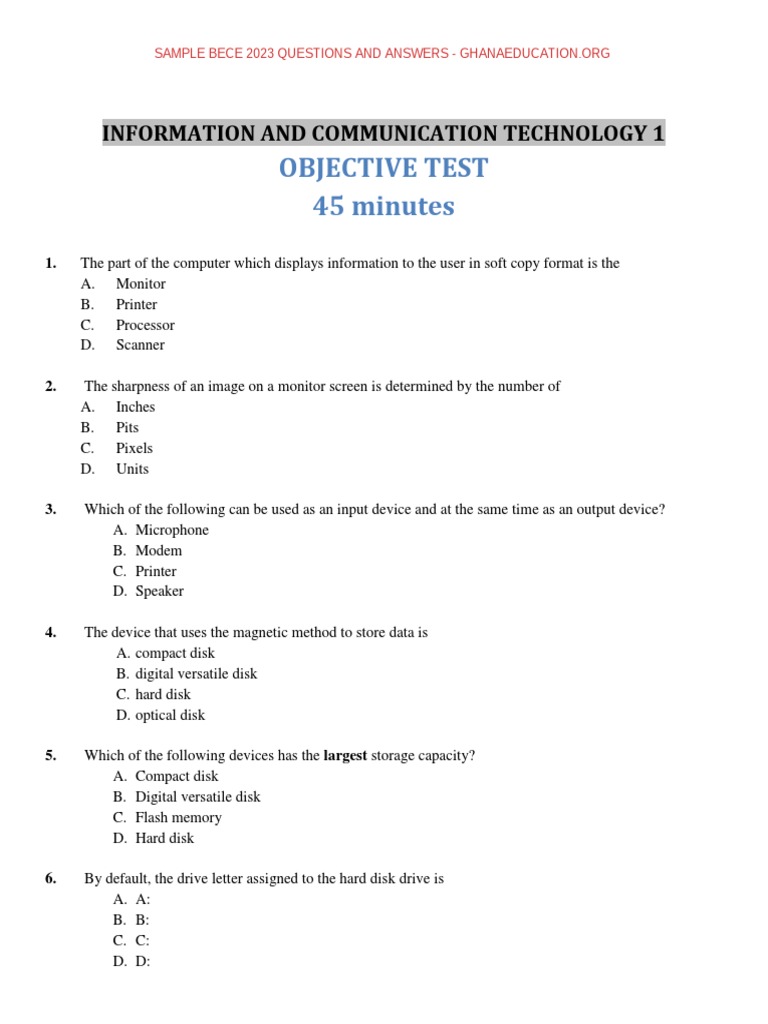 SAMPLE ICT BECE Questions and Answers | PDF | Computer File | Computer Data Storage