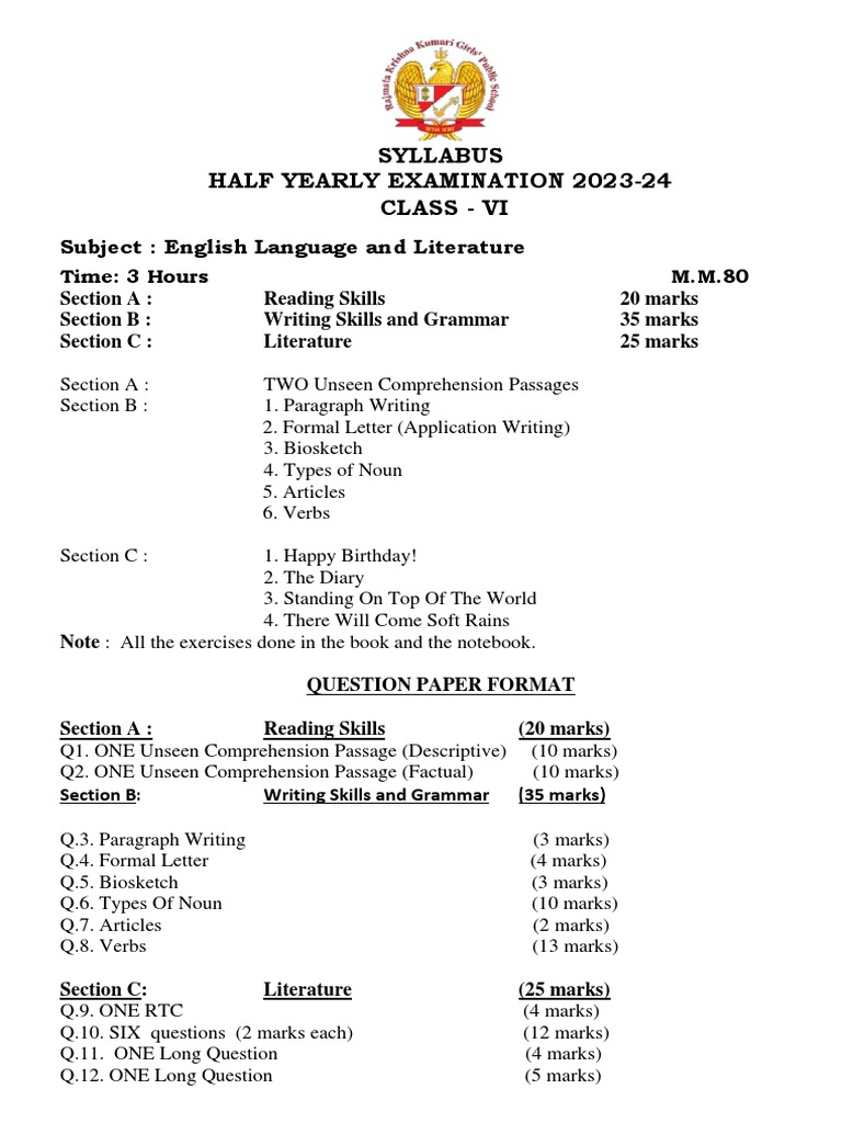Syllabus Class 6 HALF YEARLY EXAMINATION 2023-24 - 1713523017 | PDF ...