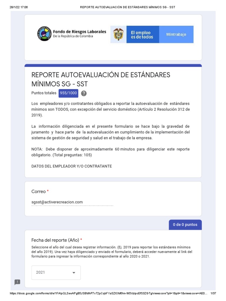 Reporte Autoevaluación de Estándares Mínimos SG - SST - 2021 | PDF Reporte Autoevaluación de Estándares Mínimos SG - SST - 2021 | PDF