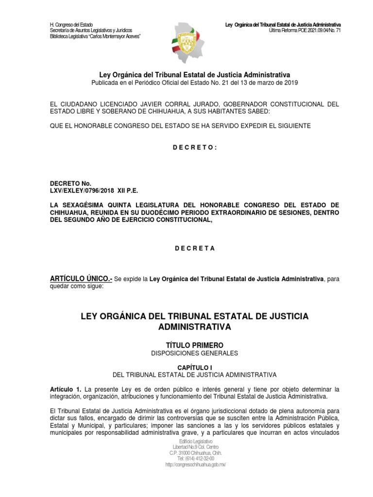 Ley Organica Del Tribunal Estatal Justicia Admva Pdf Estado