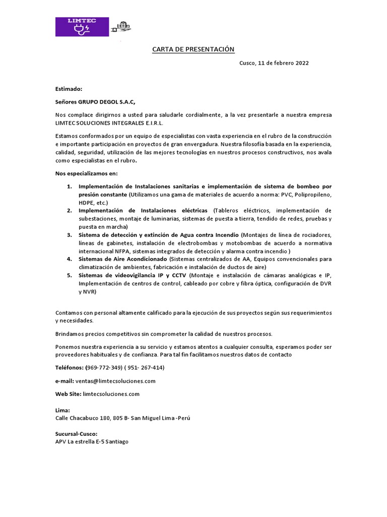 CARTA DE PRESENTACIÓN Grupo DEGOL | PDF