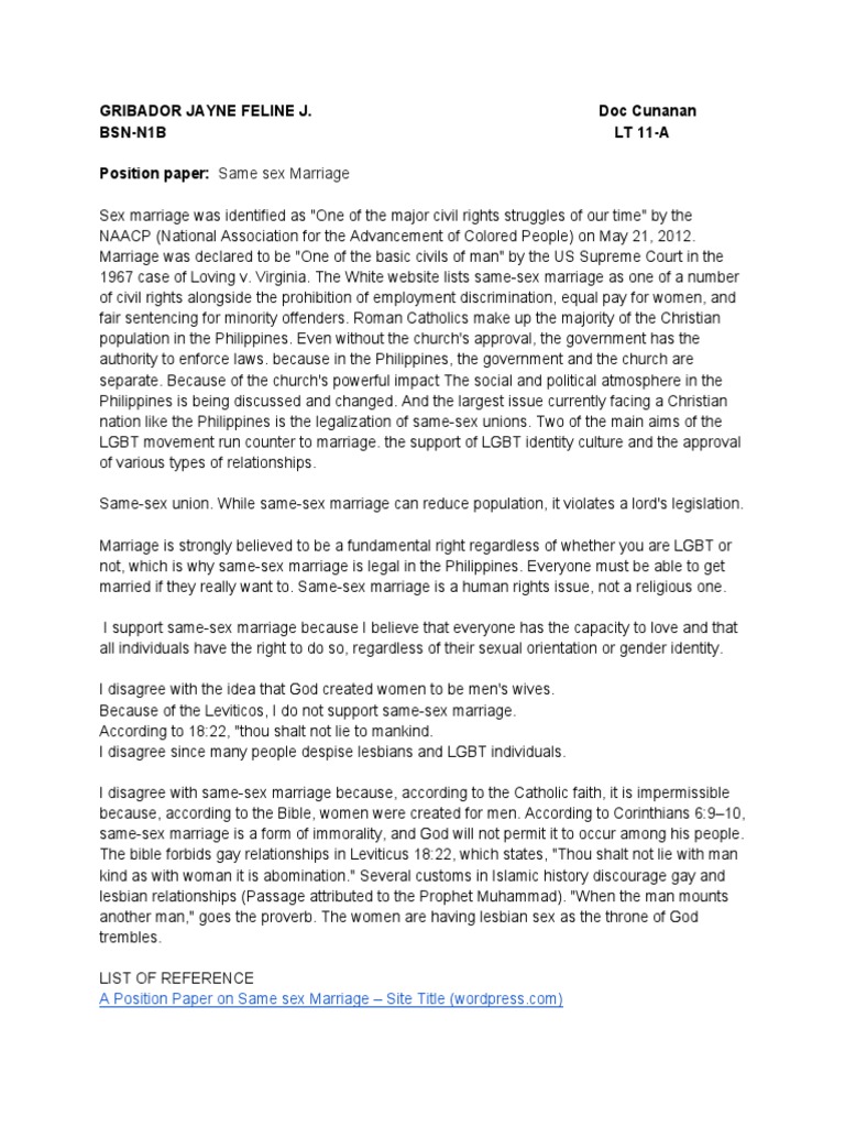 Position Paper | PDF | Marriage | Same Sex Marriage