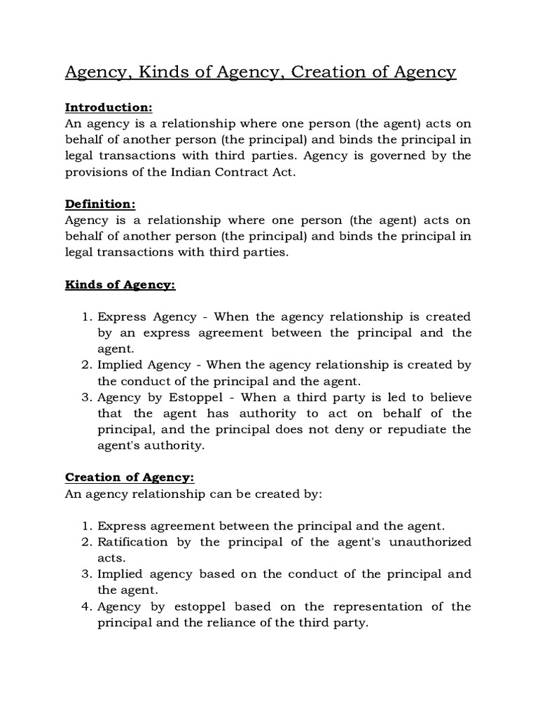 Agency, Kinds of Agency, Creation of Agency | PDF | Law Of Agency ...
