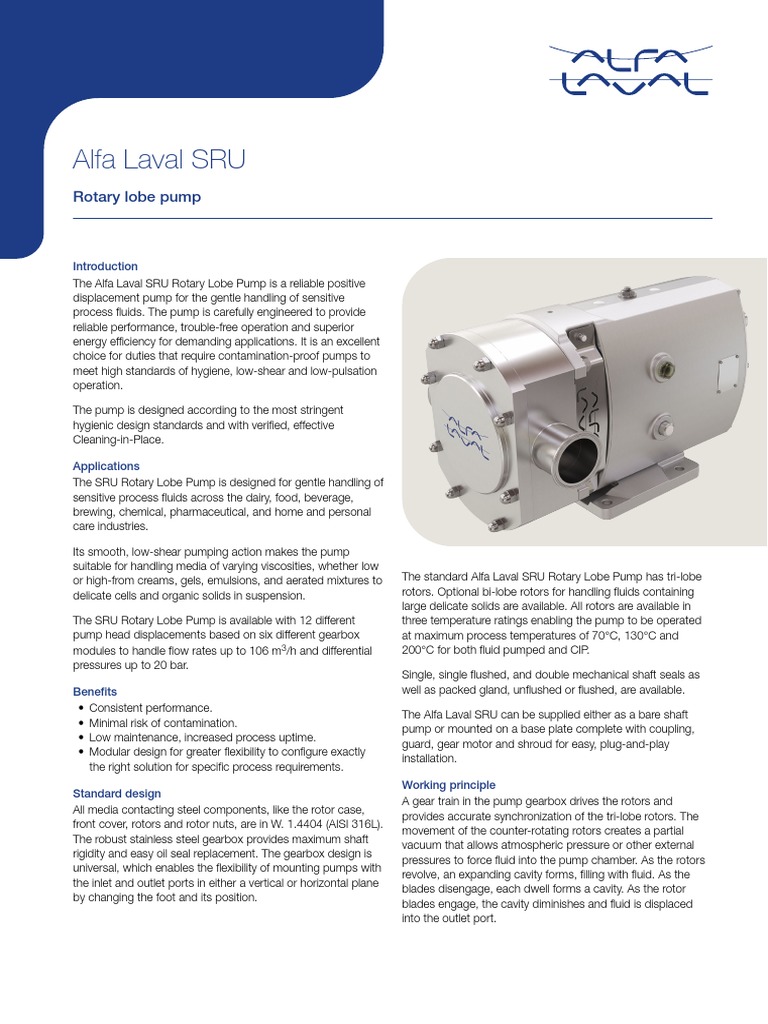Alfa Laval Sru Rotary Lobe Pump Product Leaflet | PDF | Pump | Turbine