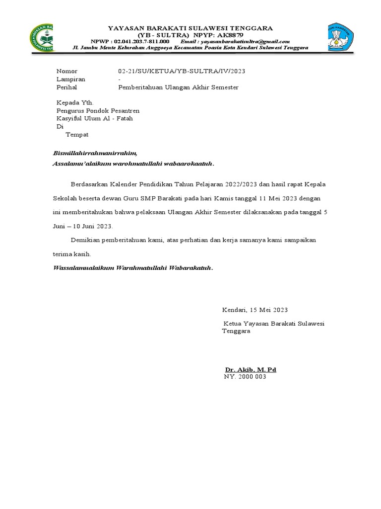 Surat Pengantar Ulangan Pondok Pesantren | PDF