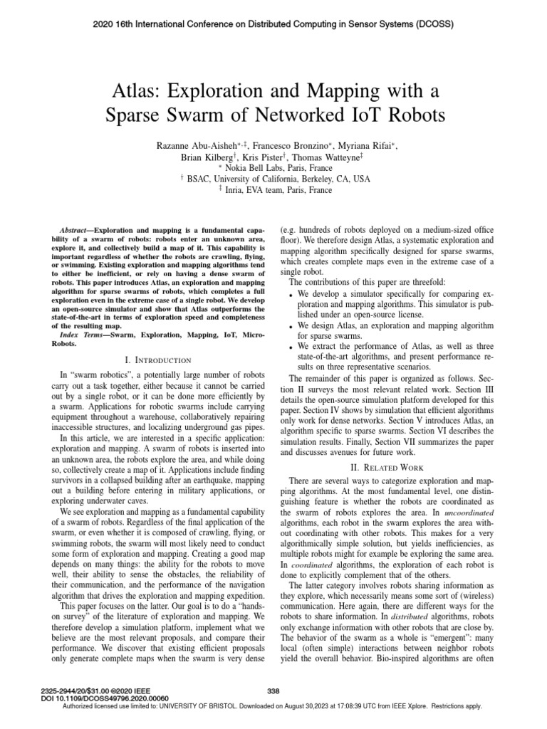 Atlas Exploration and Mapping With A Sparse Swarm of Networked IoT Robots | PDF | Robot | Robotics