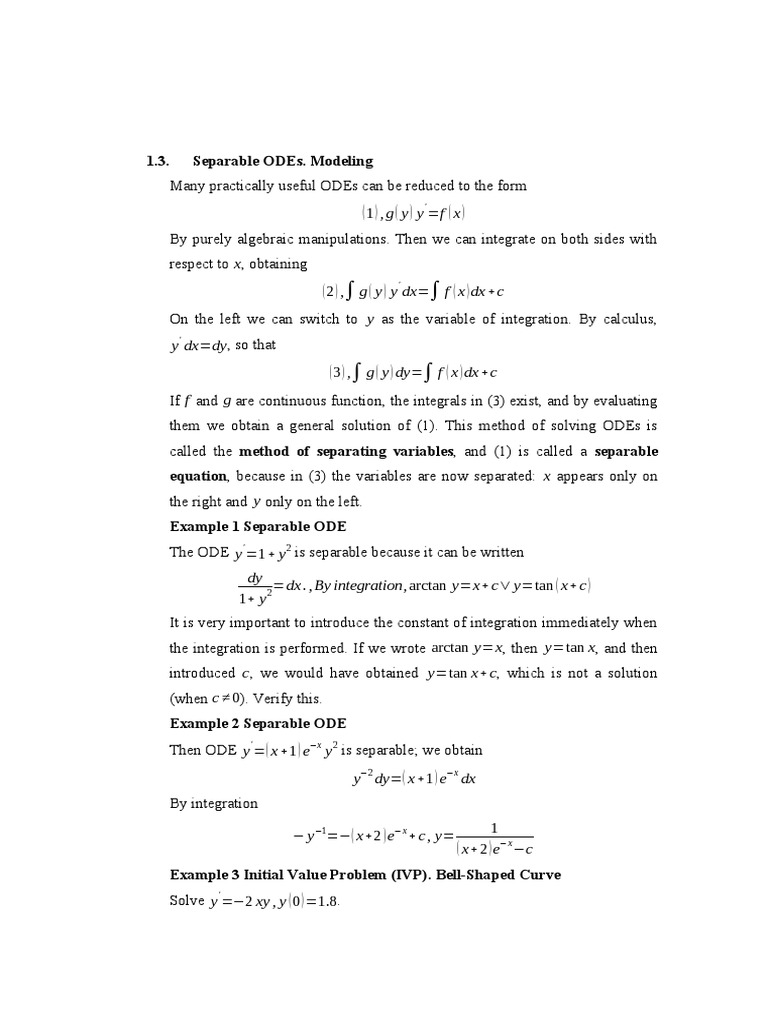 1 3 Separable Odes Modeling Pdf Ordinary Differential Equation