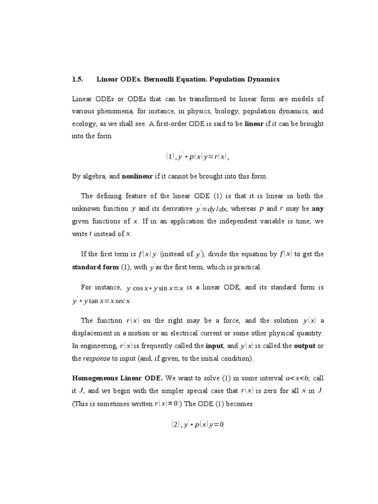 1 5 Linear Odes Bernoulli Equation Population Dynamics Pdf Ordinary Differential Equation