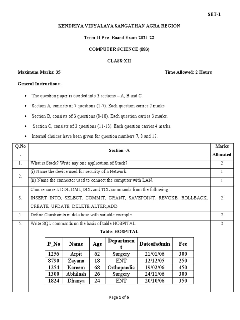 Agra TERM2 XII CS QP PB1 | PDF | Table (Database) | Databases