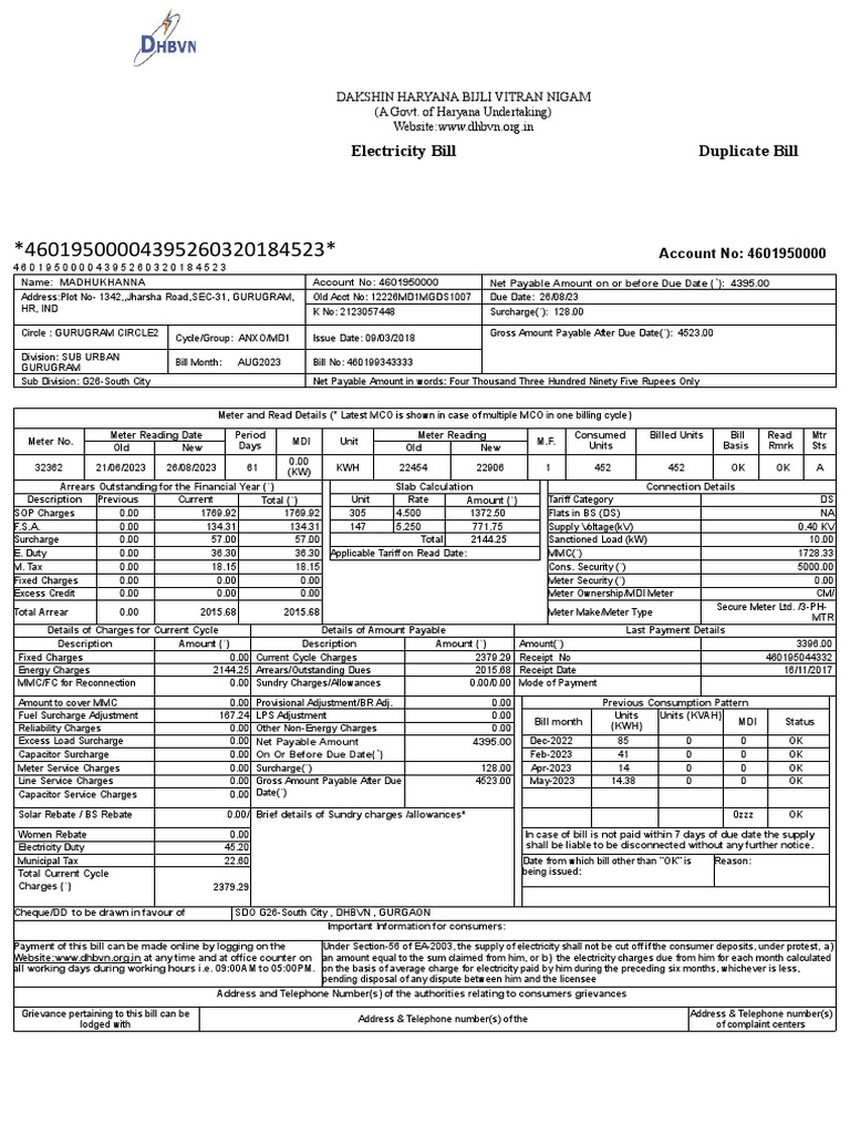 Electricity Bill Aug 23 | PDF | Economies | Power (Physics)