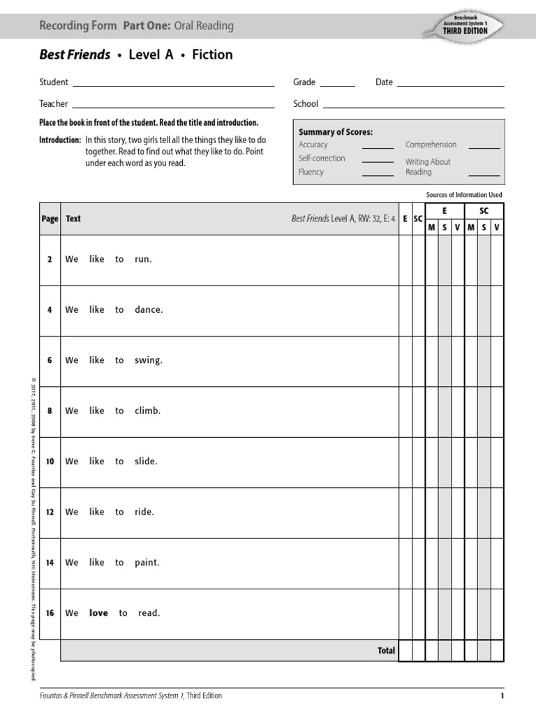 Fountas & Pinnell Benchmark Assessment 1 | PDF | Writing | Applied ...