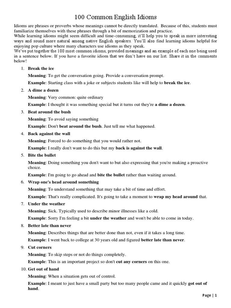 100 Common Idioms in English | PDF | Idiom | English Language