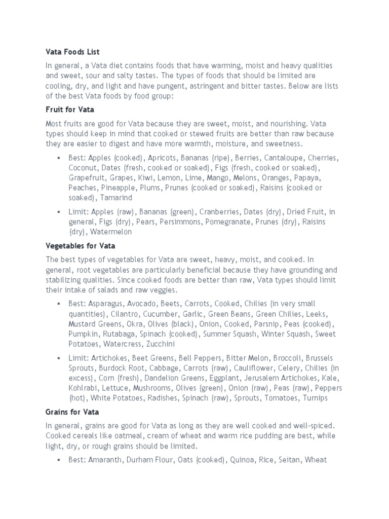 Vata Foods List | PDF | Cereals | Fruit