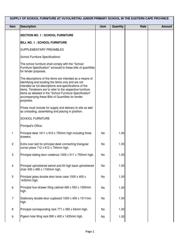 Vuyolwethu JPS Furniture BoQ - Tender | PDF | Classroom | Upholstery