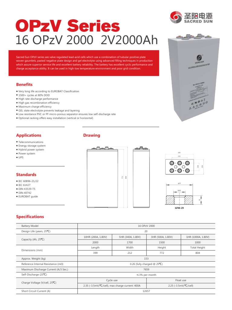Datasheet Batería OPzV 16OPzV2000 | PDF | Electrical Engineering | Electricity