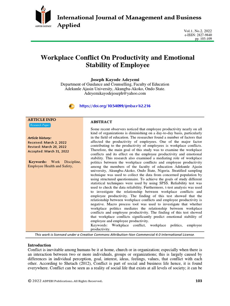 Workplace Conflict On Productivity and Emotional Stability of Employee ...