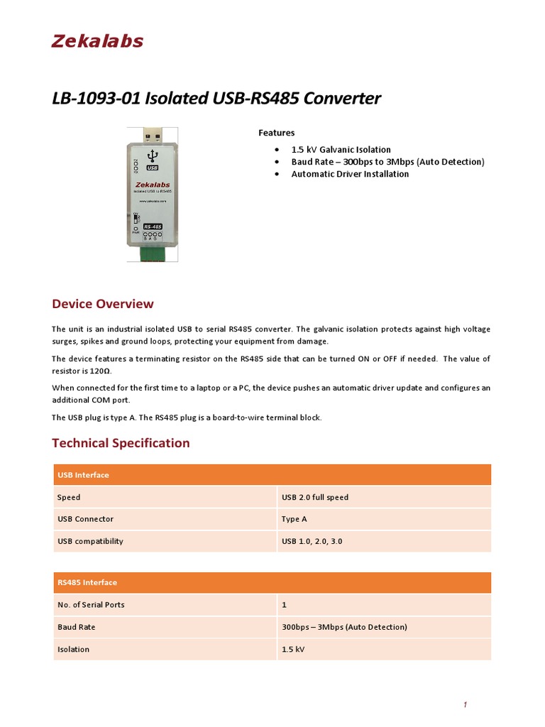 LB-1093 (Isolated USB-RS485) Datasheet V1.3 | PDF