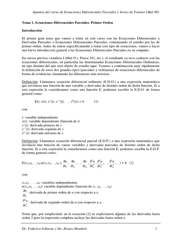 Tema 1. Ecuaciones Diferenciales Parciales de Primer Orden | PDF | Ecuación diferencial parcial ...