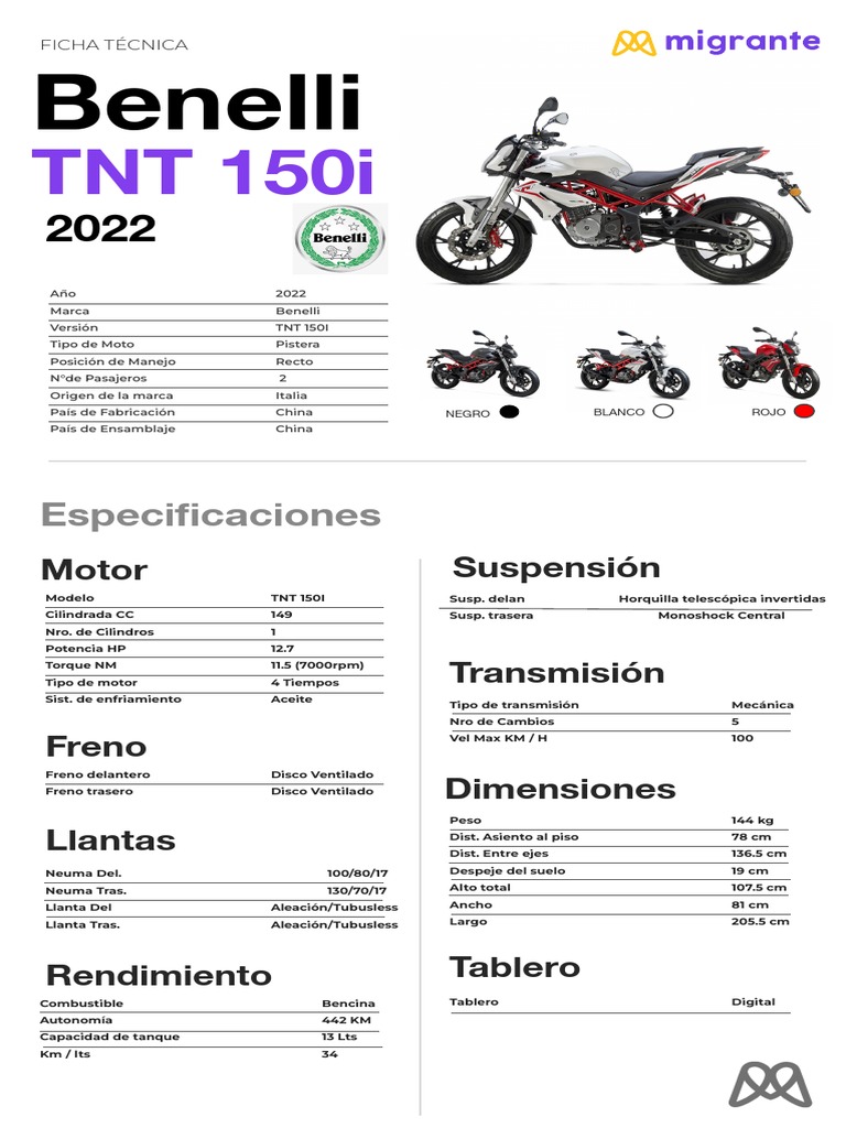 Ficha T Cnica Benelli TNT 150i Migrante | PDF