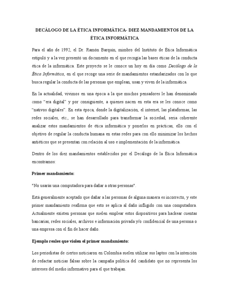 DECÁLOGO DE LA ÉTICA INFORMÁTICA | PDF | Informática