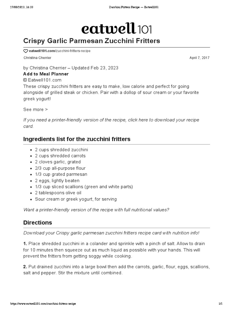 Zucchini Fritters Recipe - Eatwell101 | PDF | Zucchini | Garlic