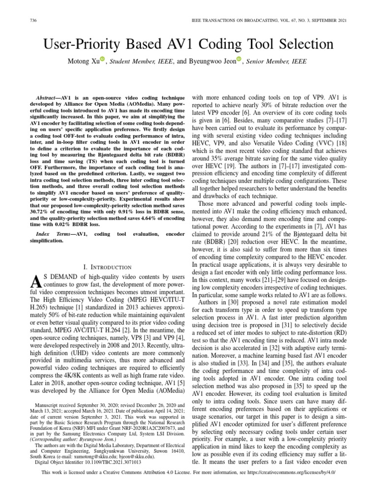 User-Priority Based AV1 Coding Tool Selection | PDF | Data Compression | Videotelephony