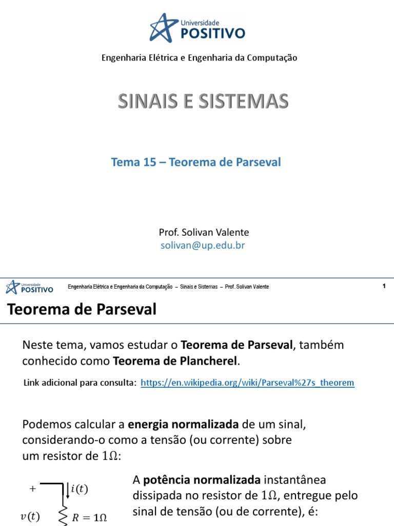 Aula SS - Tema 15 - Teorema de Parseval | PDF | Capacitor | Energia elétrica