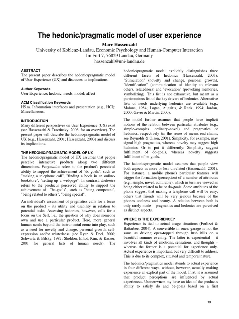 The Hedonic Pragmatic Model of User Expe | PDF | User Experience | Experience