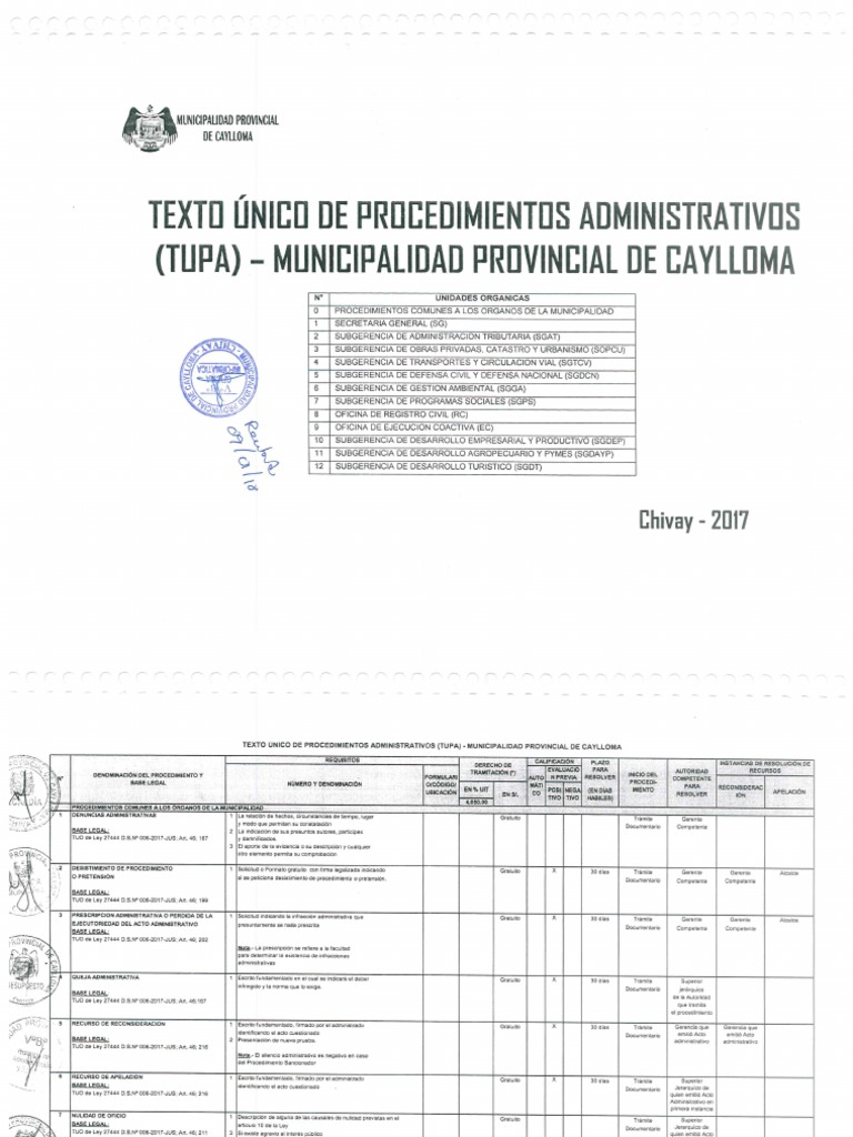 TUPA 2017 2018 Texto Único de Procedimientos Administrativos | PDF | Apelación | Justicia