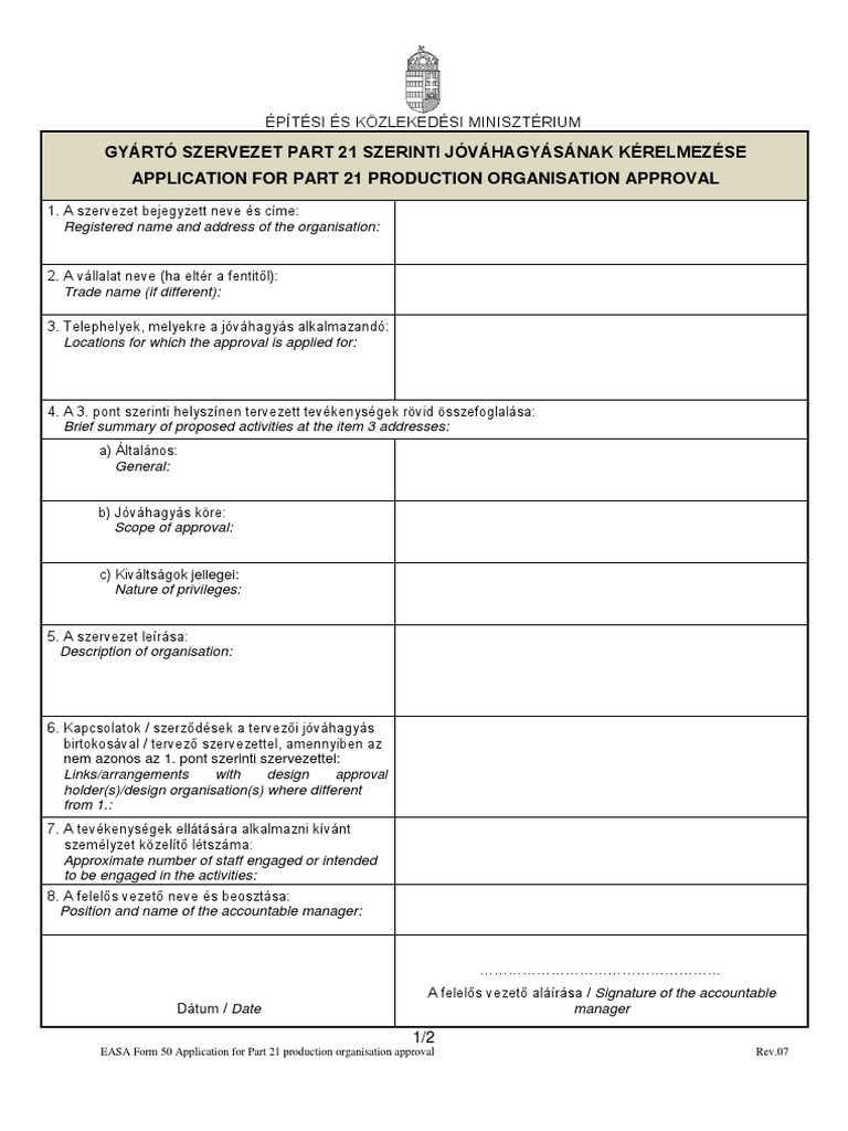 Gyártó Szervezet Part 21 Szerinti Kérelme (EASA Form 50) - 1 | PDF