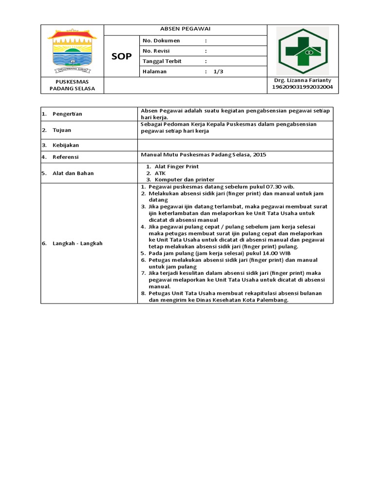 SOP Absen Pegawai Puskesmas Selasa | PDF