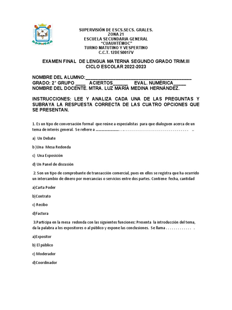 Examen Final de Espanol Mayo. 2022'2023 | PDF