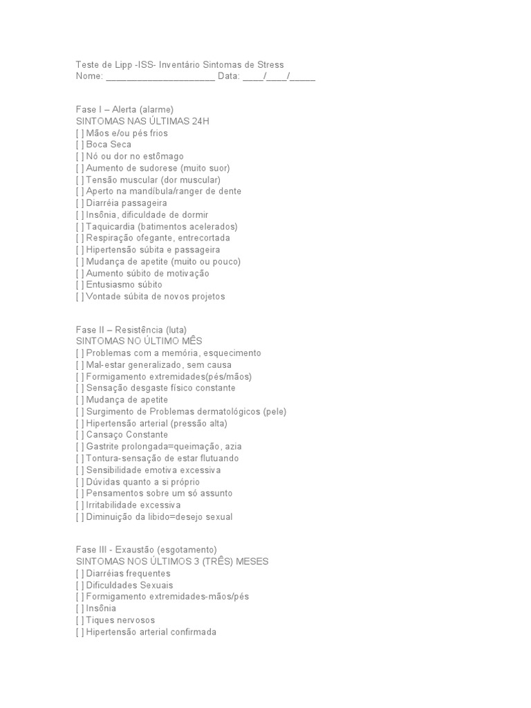 Inventário de Sintomas de Stress para adultos de Lipp - ISSL | PDF ...