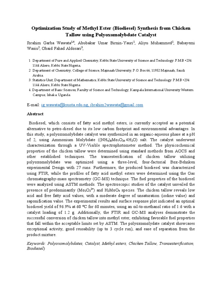 Synthesis of Methyl Esters From Chicken Tallow-2 | PDF | Biodiesel ...