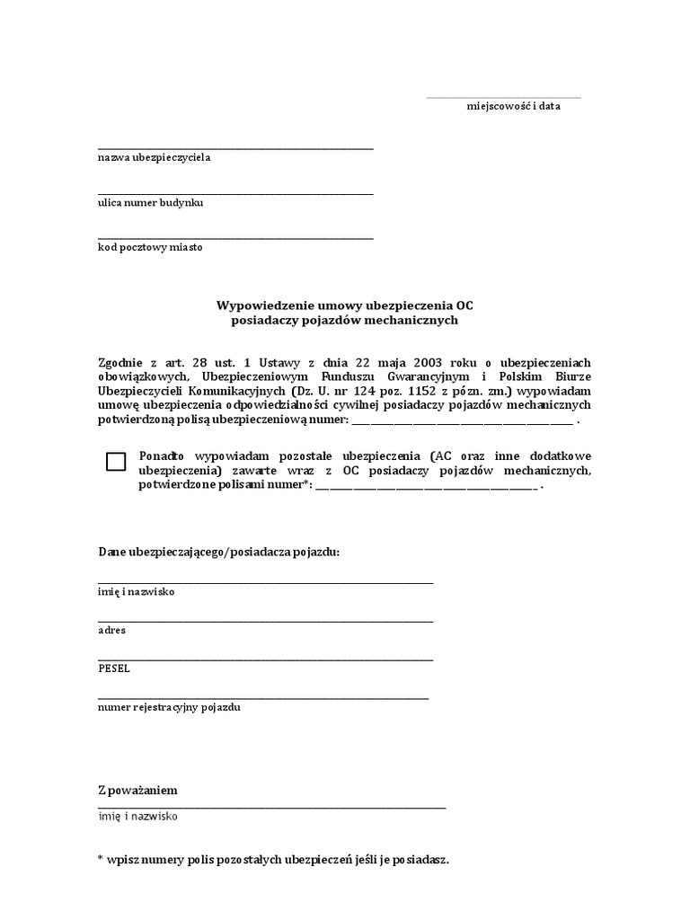 Wypowiedzenie Starej Umowy Oc-Wzór | PDF