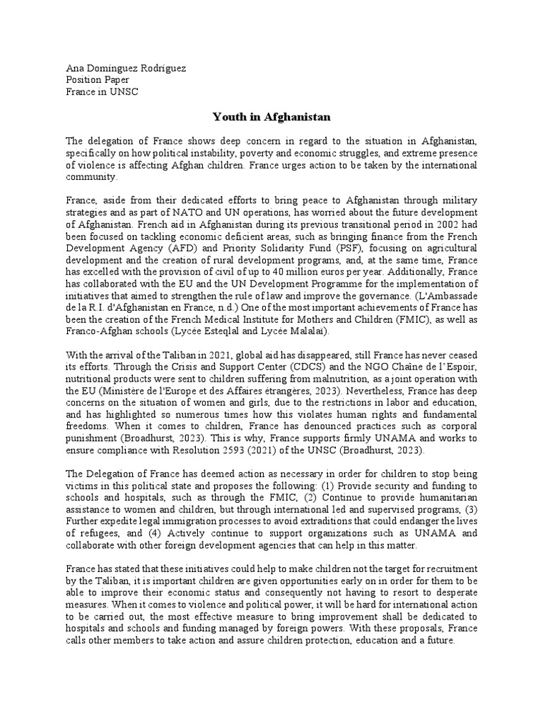 UNSC FRANCE MUN Position Paper Example | PDF | France | Afghanistan