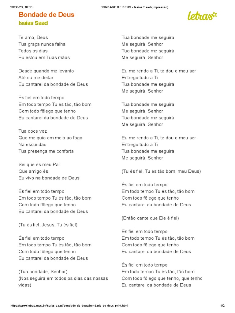 BONDADE DE DEUS - Isaías Saad (Impressão) | PDF