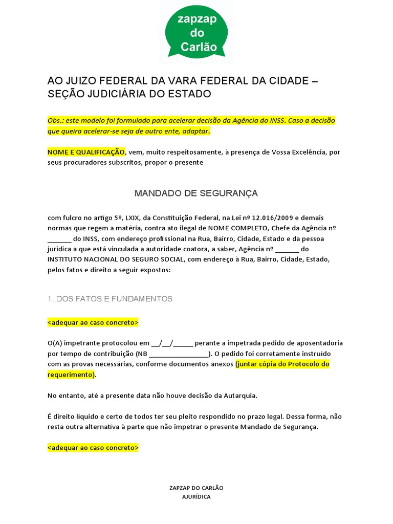 MODELO - Mandado de Segurança para Destrancar Processo Administrativo ...