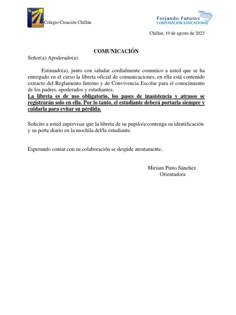 Comunicación Apoderados - Libreta | PDF