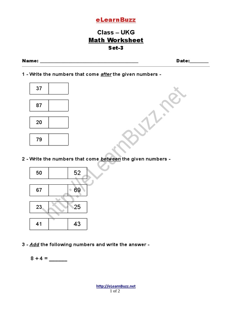 UKG Maths Worksheet Set-3 | PDF