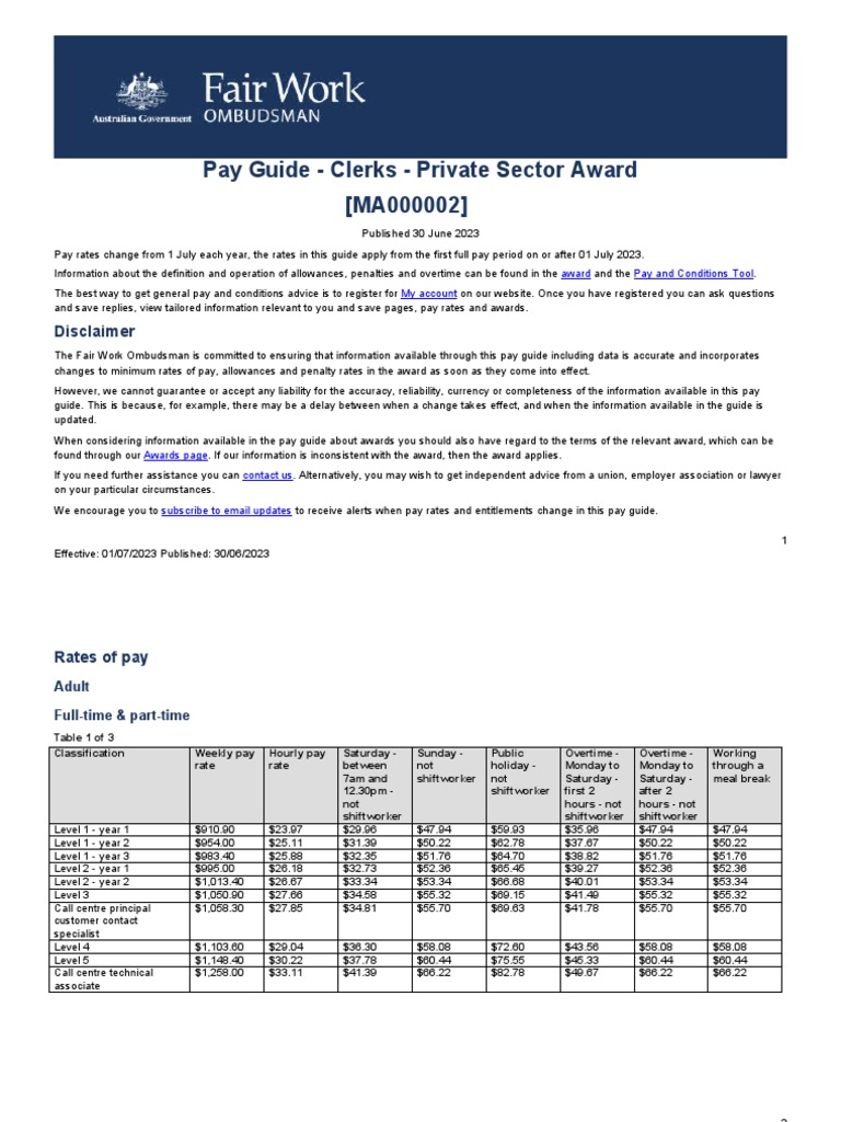 Clerks Pay Guide 2025: Rates & Classifications | PDF | Labor | Business