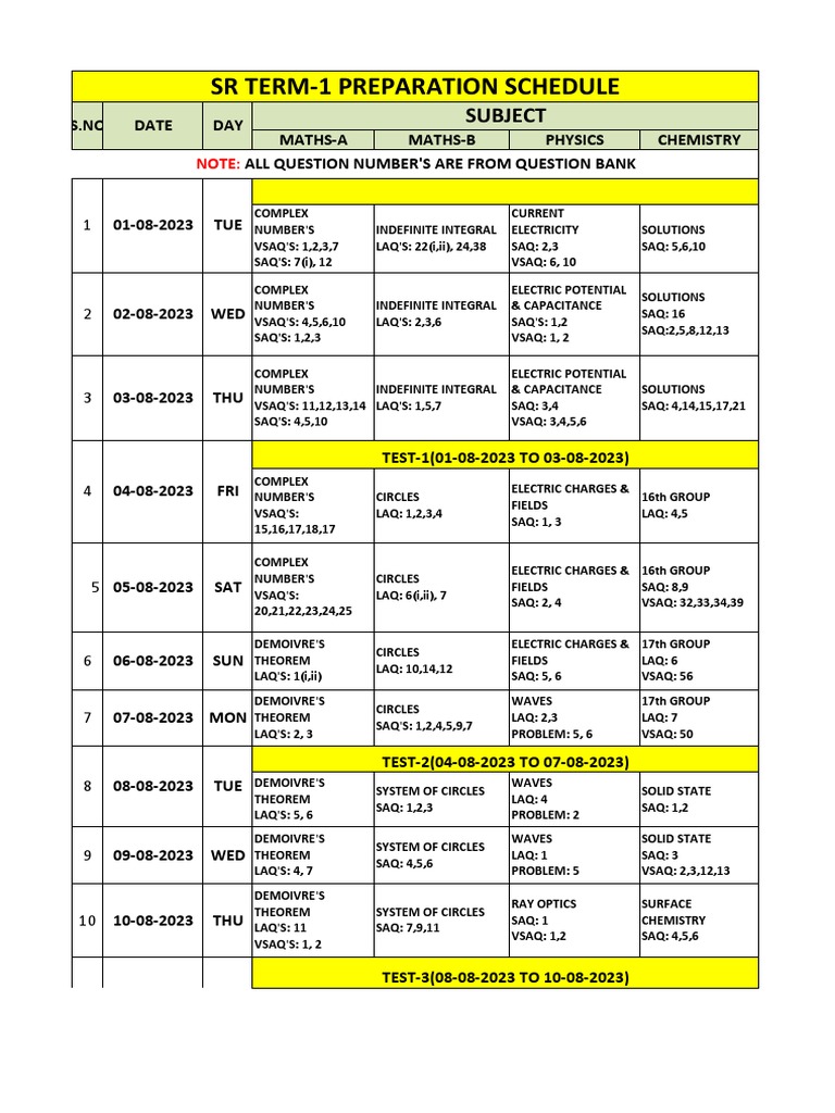 SR Term-1 Preparation Schedule | PDF | Mathematics | Equations