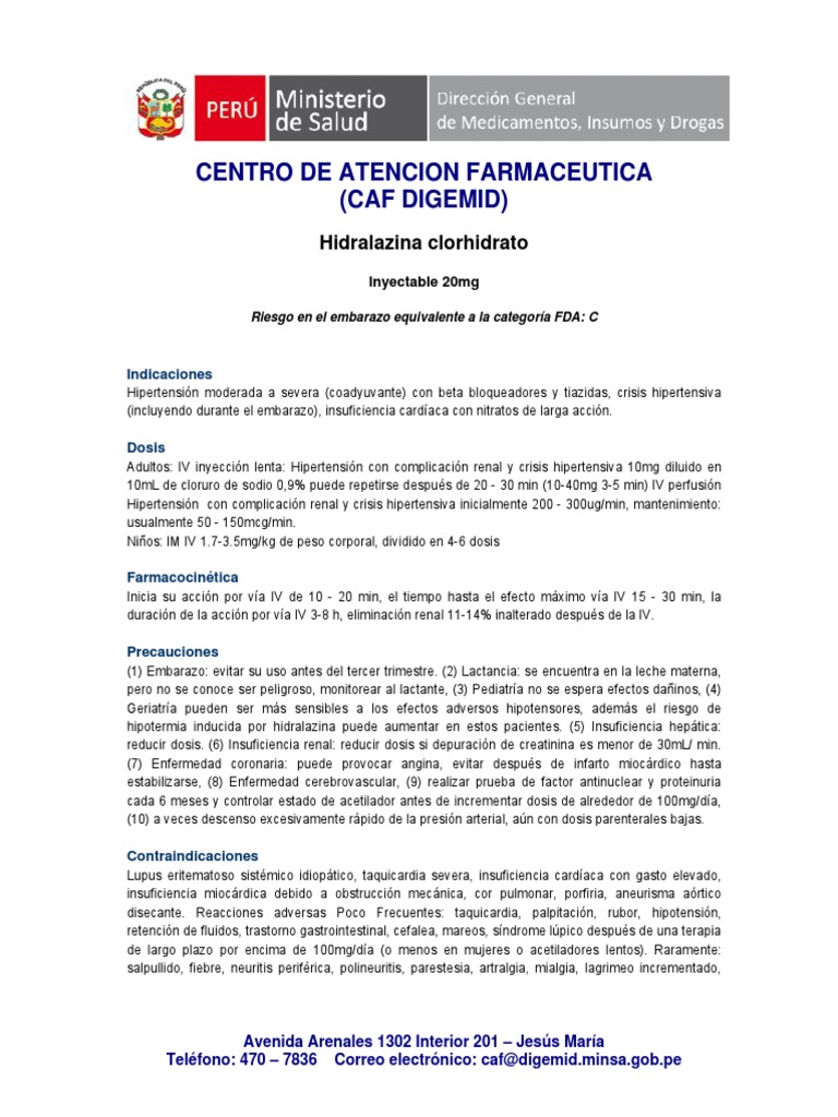 Hidralazina: Dosis, Usos y Precauciones | PDF | Hipertensión | Farmacología