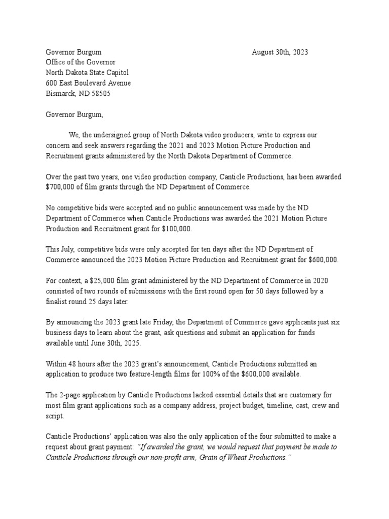 Letter To Governor Burgum From ND Video Producers | PDF Letter To Governor Burgum From ND Video Producers | PDF