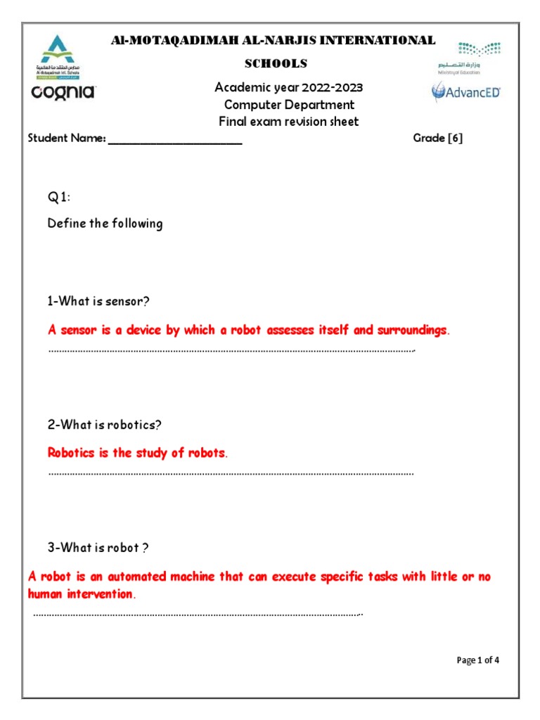Worksheet Grade 6 - With Answers | PDF | Robot | Robotics