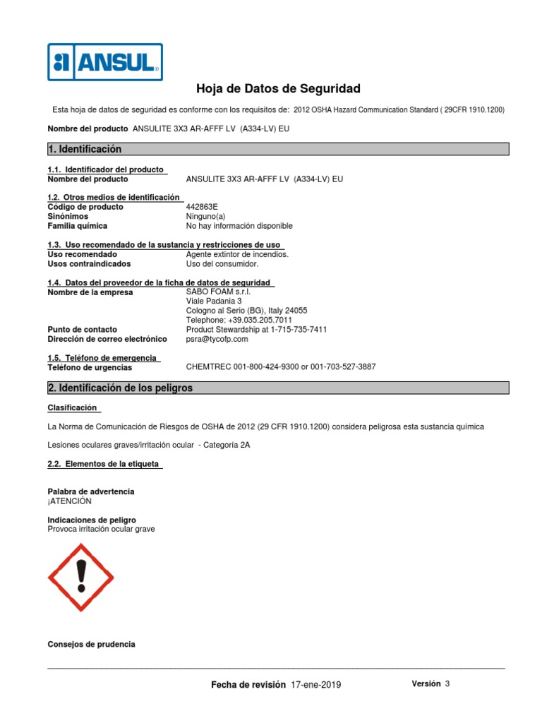 Hoja de Seguridad AR-AFFF Al 3% 3x3 LV | Descargar gratis PDF | Administración de Seguridad y ...