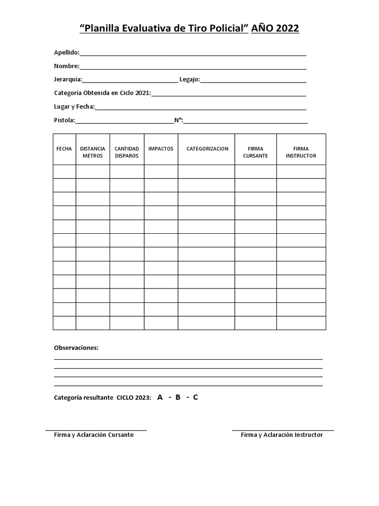 Planilla Evaluativa Tiro 2022 | PDF