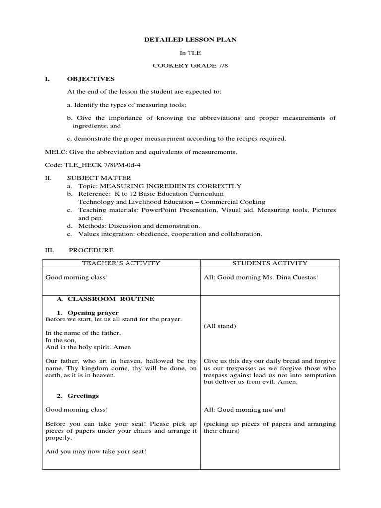 DETAILED LESSON PLAN Updated | PDF | Teaspoon | Tablespoon