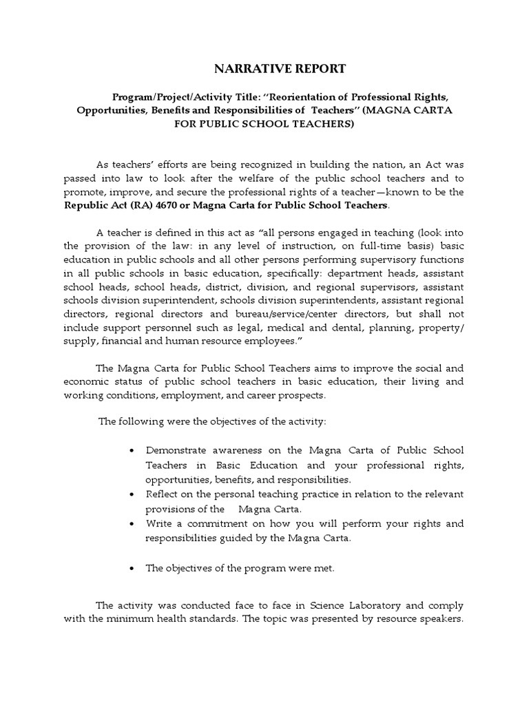 Narrative Report | PDF | Teachers | Employment