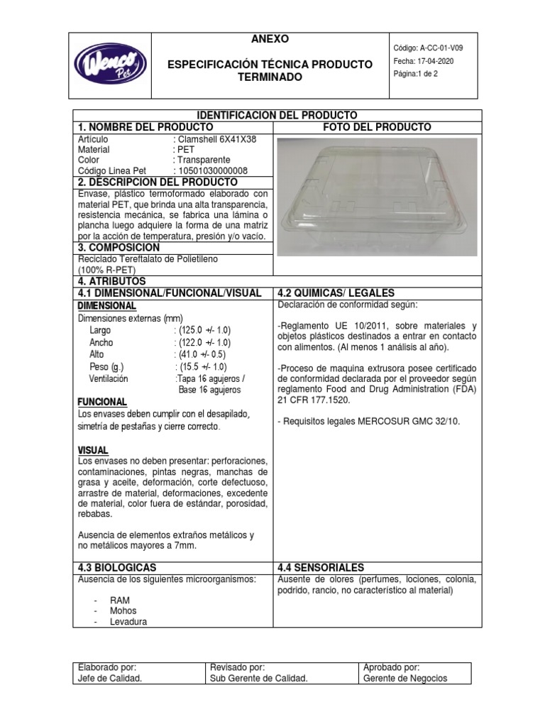 Ficha Tecnica Clamshell 6oz X 41 X 38 v09 | PDF | El plastico | Sector ...
